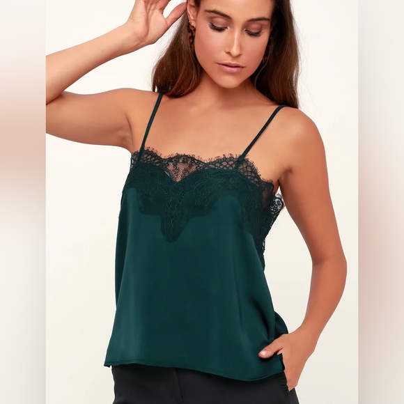 Lulus | Tops | Lulus Maddox Dark Teal Green Satin Lace Cami | Poshmark